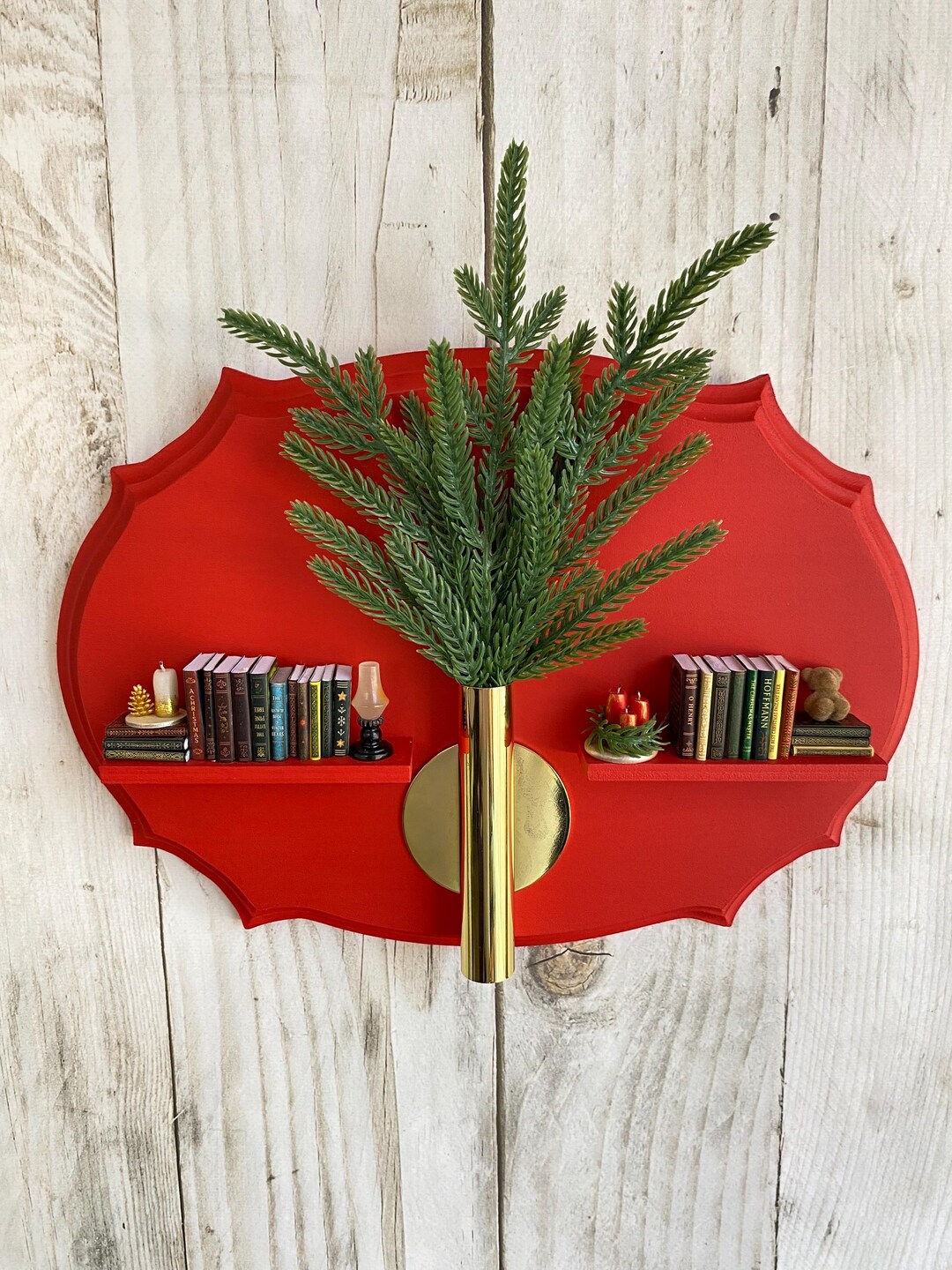 Christmas Miniature Wall Shelf With Books, Candles & Evergreen ...