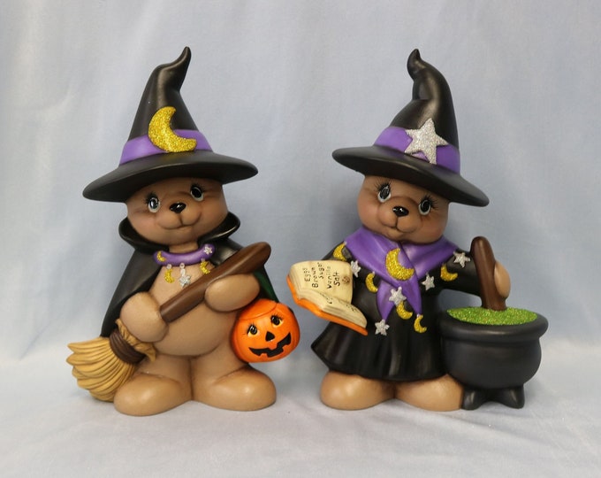 Halloween Witch Bear Set, Hand Painted Ceramic Bear Witch Set, Girl and ...