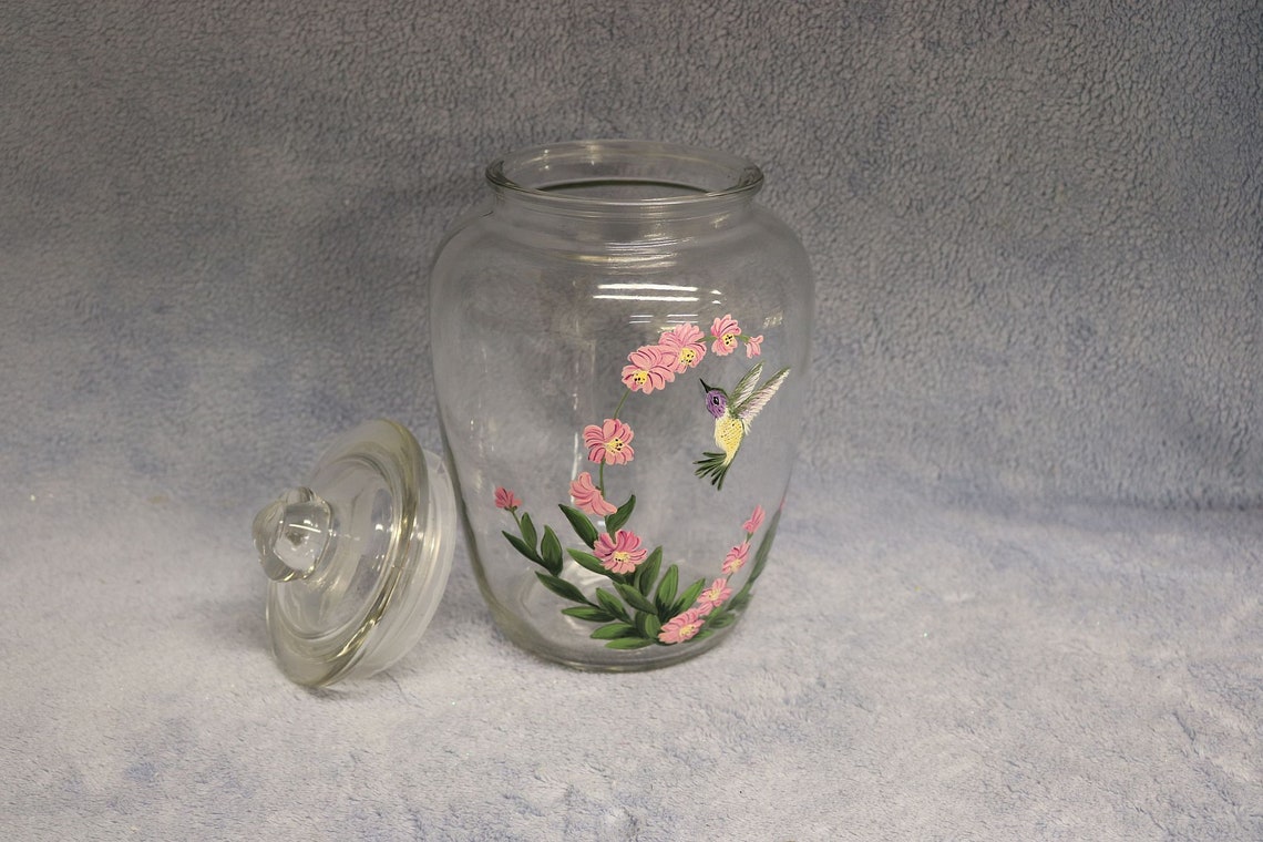 Hand-painted Hummingbird Glass Candy Jar With Pink Flowers - Etsy