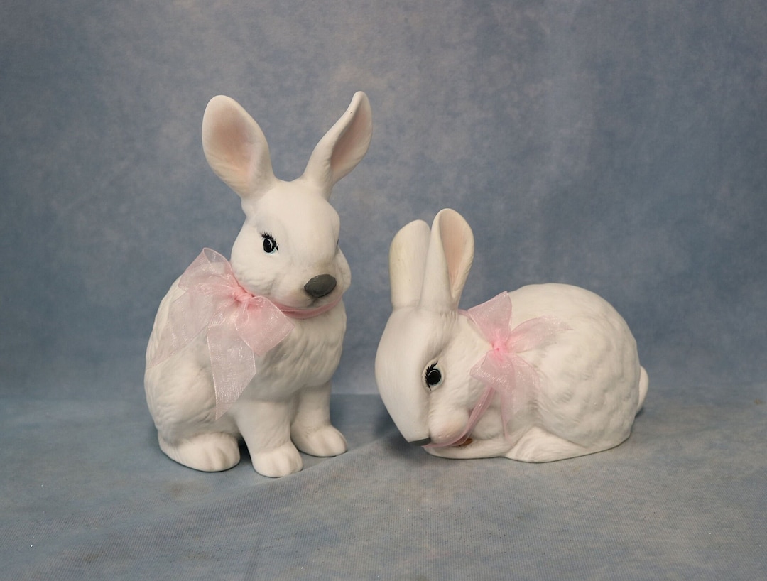 Ceramic Bunny Rabbit Set, Hand Painted Bunnies, White Ceramic Bunny ...