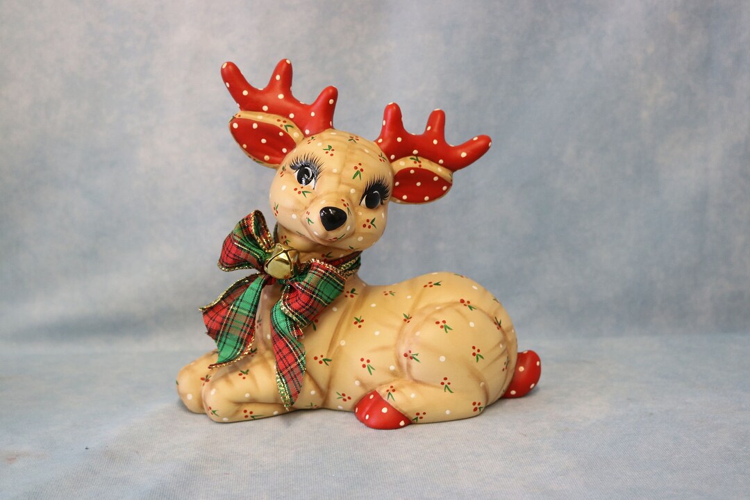 Ceramic Christmas Reindeer, Hand Painted Laying Reindeer, Kimple Softy ...
