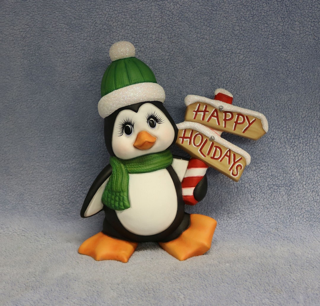 Holiday Penguin, Penguin Holding Happy Holidays Sign, Hand Painted ...