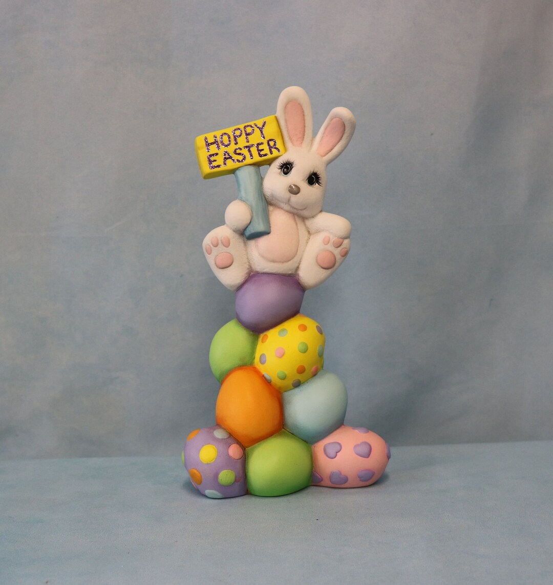 Egg Stack Bunny Ceramic, White Rabbit With Hoppy Easter Sign, Stack of ...