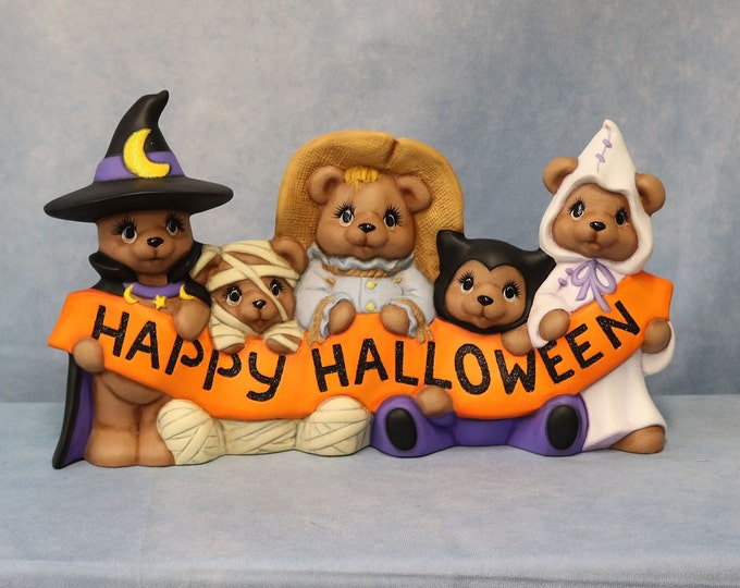Happy Halloween Sign, Hand Painted Ceramic Bear, Bear Witch, Bear Mummy ...