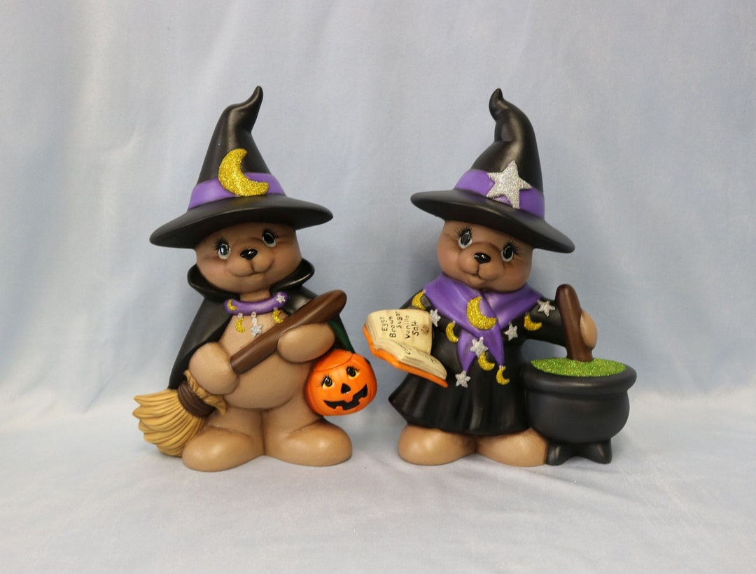 Halloween Witch Bear Set, Hand Painted Ceramic Bear Witch Set, Girl and ...