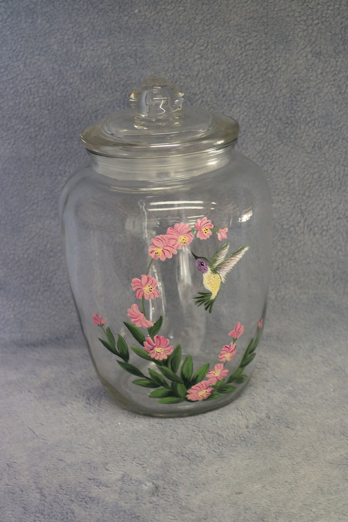 Hand-painted Hummingbird Glass Candy Jar With Pink Flowers - Etsy