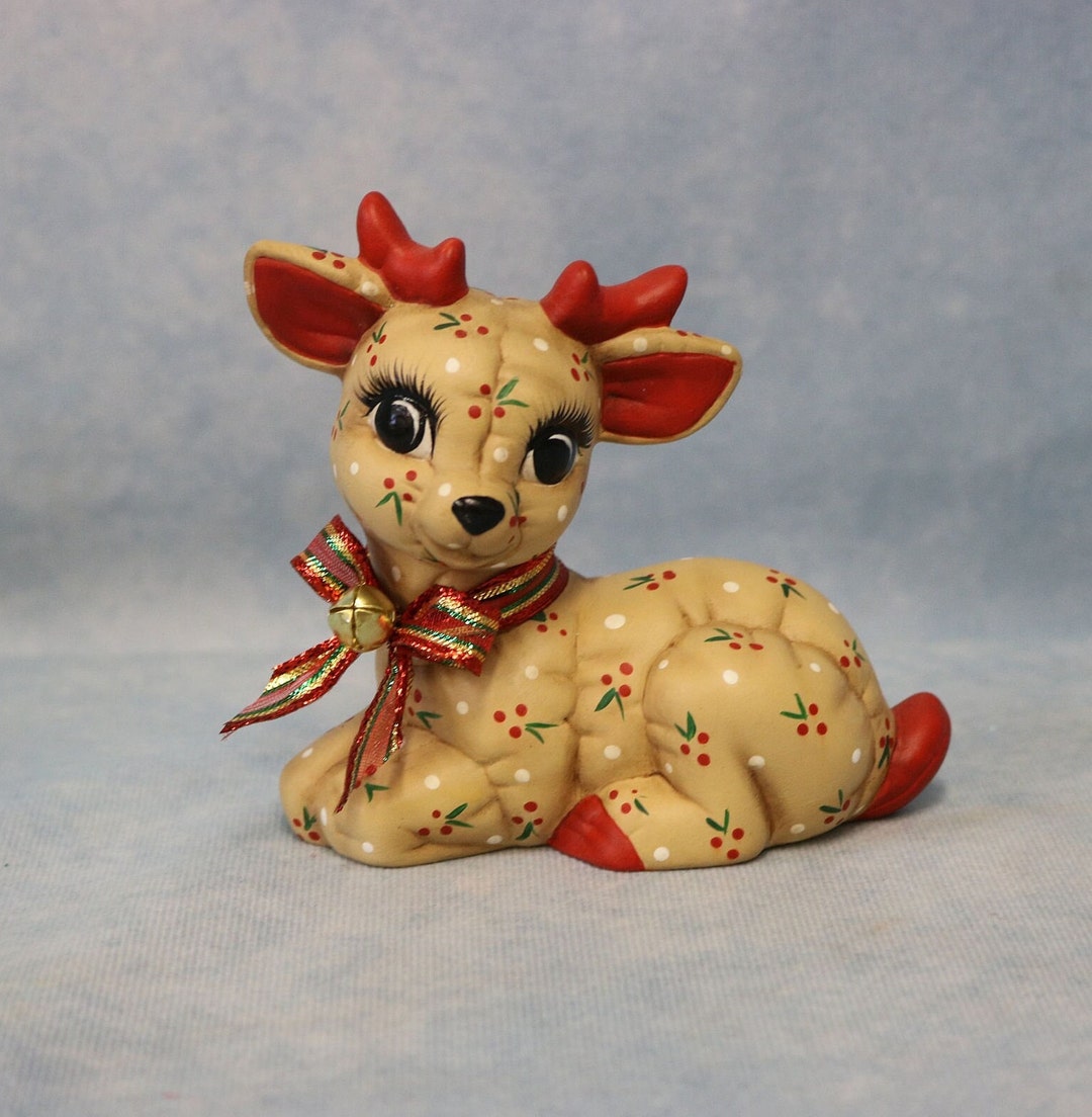 Christmas Reindeer, Laying Baby Reindeer, Hand Painted Ceramic Deer ...