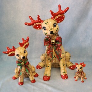 Ceramic Christmas Reindeer, Hand Painted Baby Deer Sitting, Holly ...