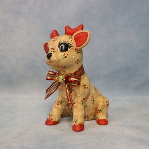 Ceramic Christmas Reindeer, Hand Painted Baby Deer Sitting, Holly ...