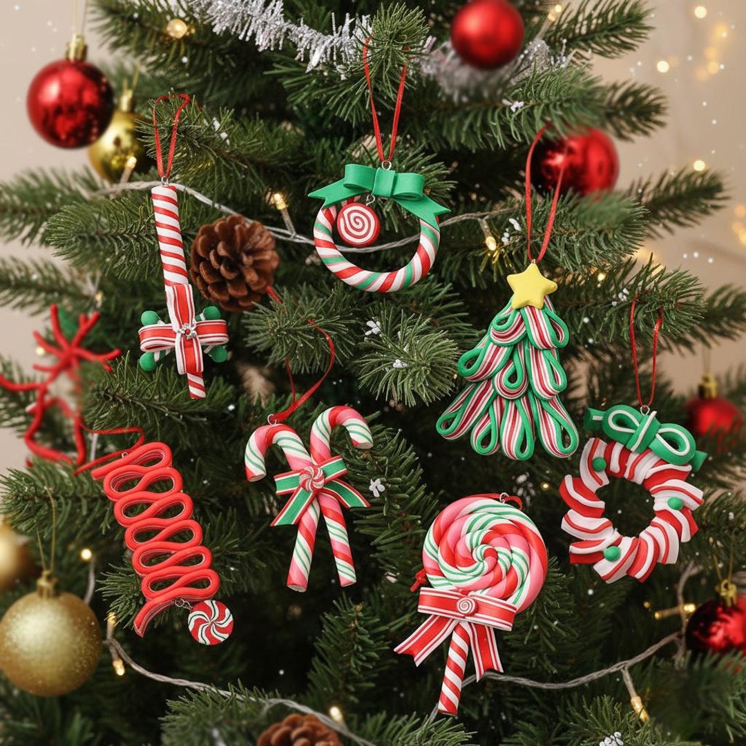 Handmade Polymer Clay Christmas Ornaments Set, Candy Cane, Wreath, and ...