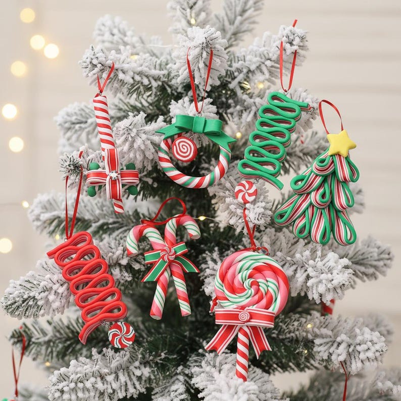 Handmade Polymer Clay Christmas Ornaments Set, Candy Cane, Wreath, and ...
