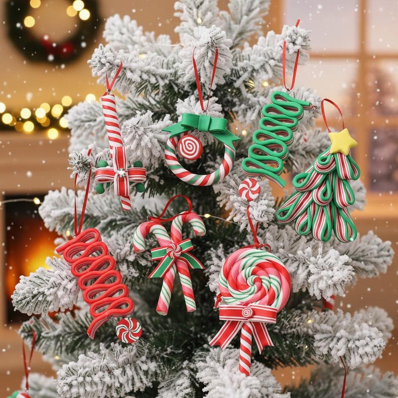 Handmade Polymer Clay Christmas Ornaments Set, Candy Cane, Wreath, and ...