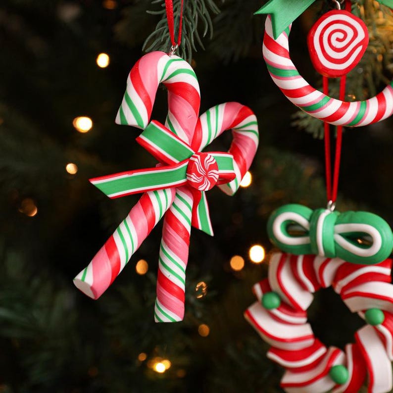 Handmade Polymer Clay Christmas Ornaments Set, Candy Cane, Wreath, and ...