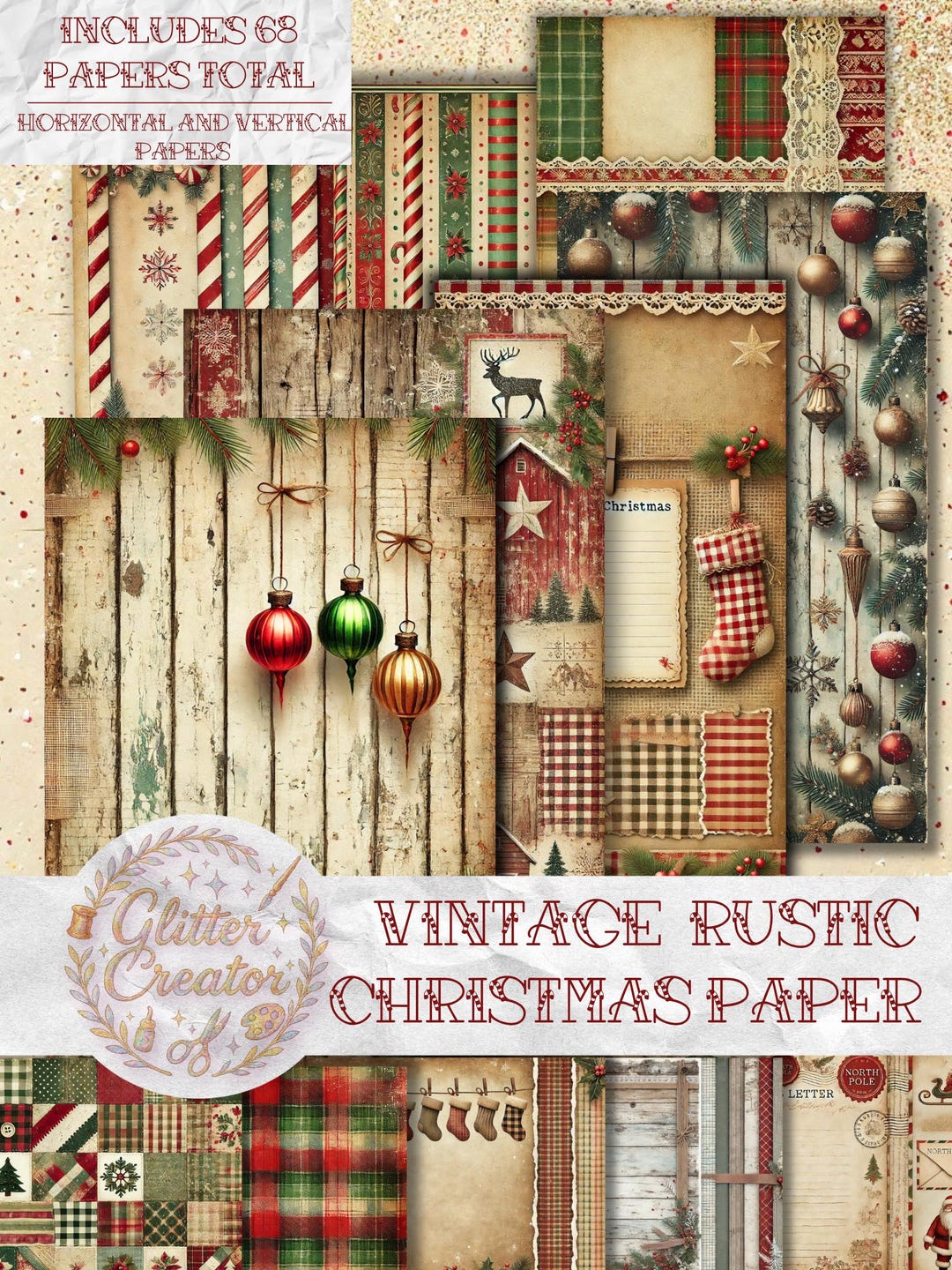 Vintage Farmhouse Christmas Paper – Rustic Scrapbook Pages (digital ...