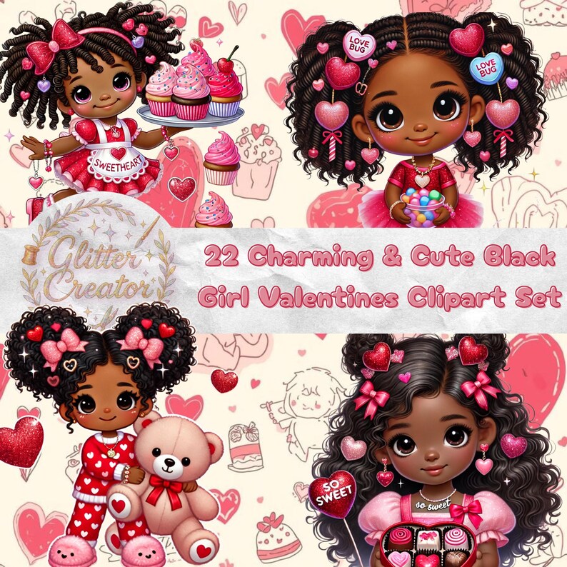 Black Girl Clipart, Cute Valentines Day Girls Pngs, Ready to Use ...