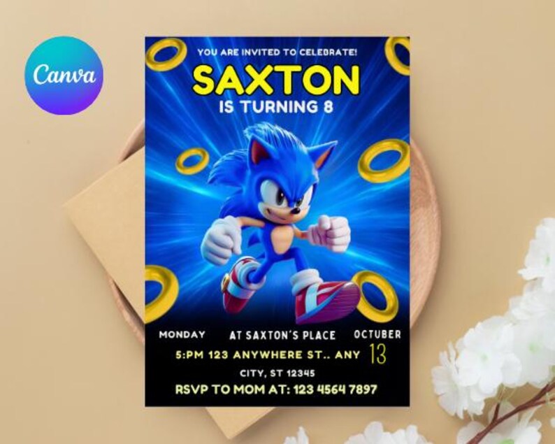 Sonic Birthday Invitation for Kids Party, Sonic the Hedgehog Boys Party ...