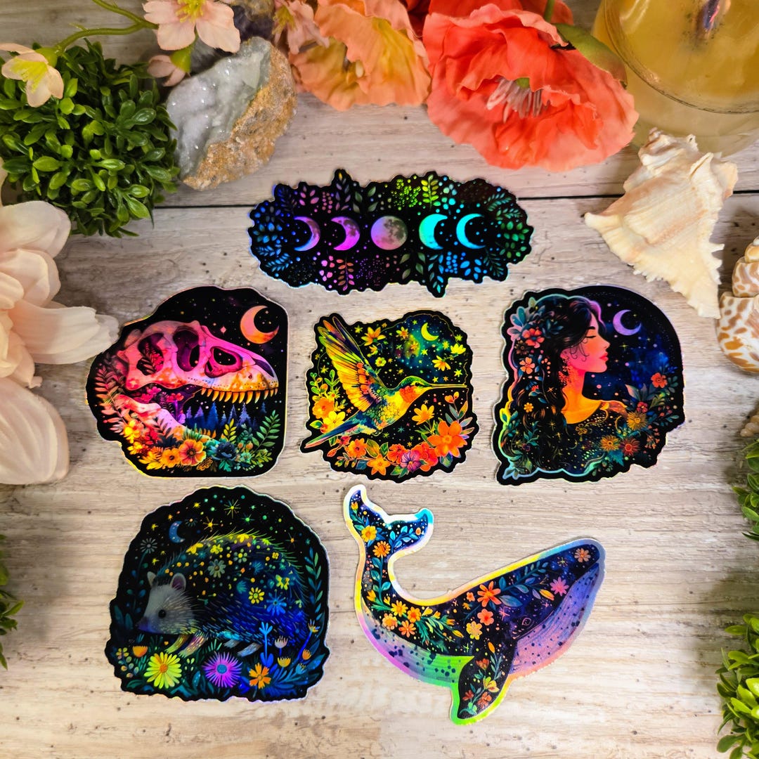 Holographic Vinyl Sticker Set: Witchy Folklore, Animals, Flowers, Skull ...