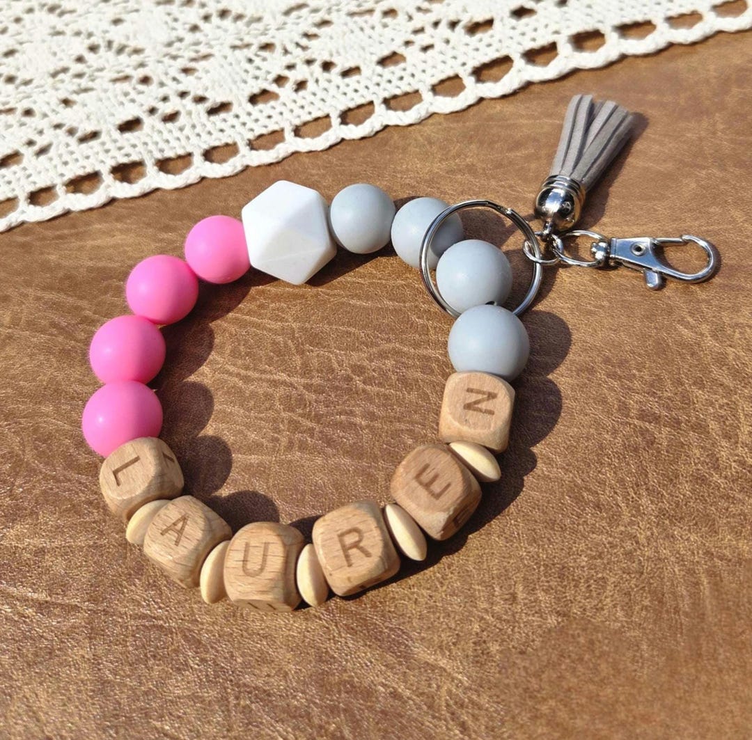 Silicone Beaded Wristlet, Personalized Women's Keychain Bracelet With ...