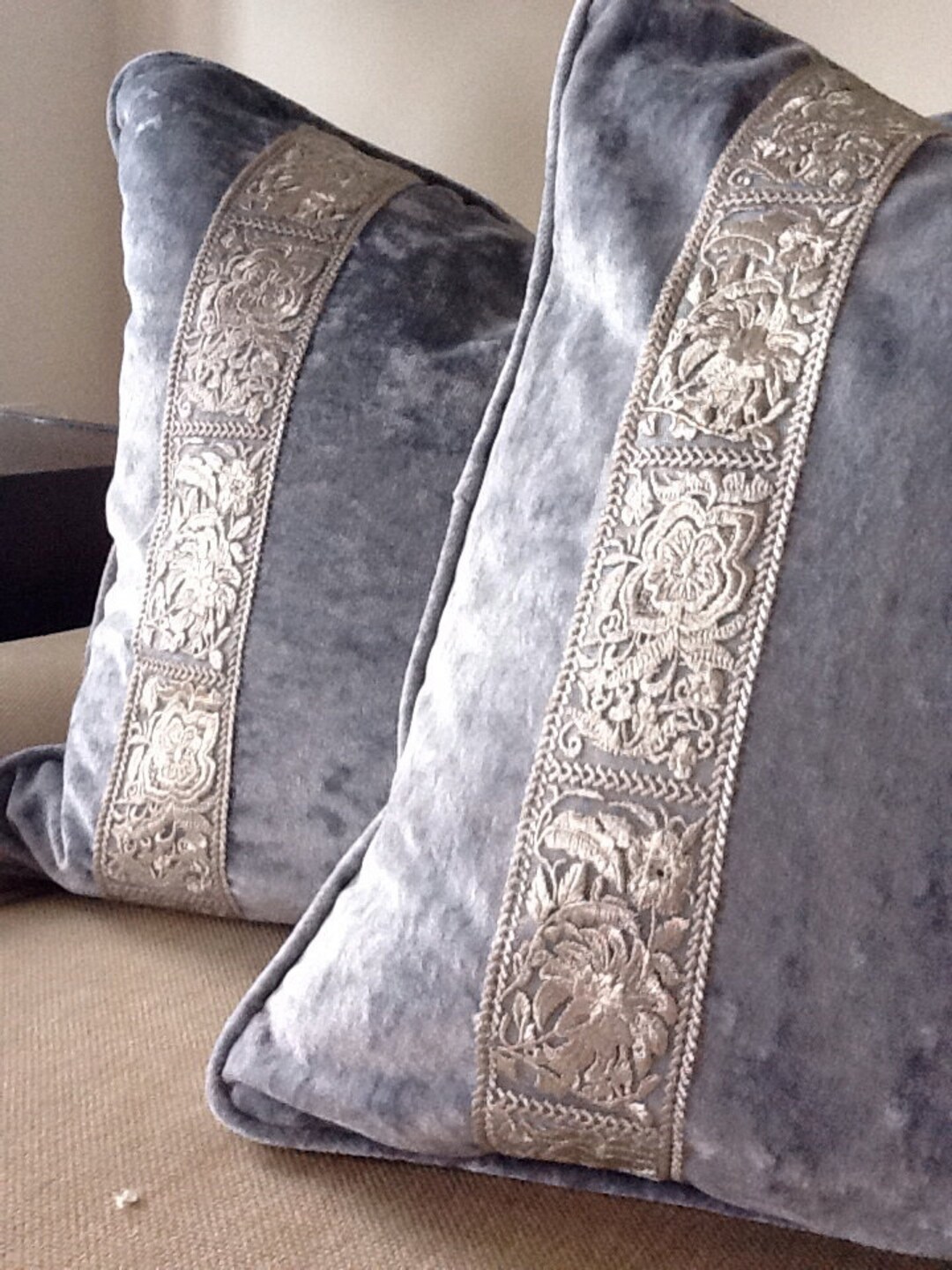 Ice Blue Velvet Pillows With Silver Gilt Trim - Etsy