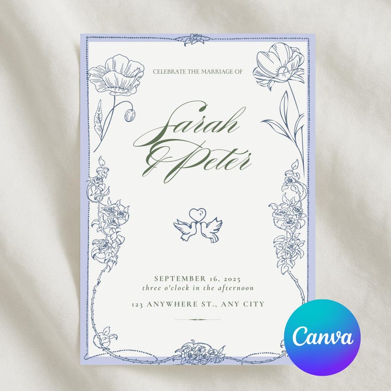 Floral Lace Wedding Invitation: Elegant Light Blue, Editable Canva ...