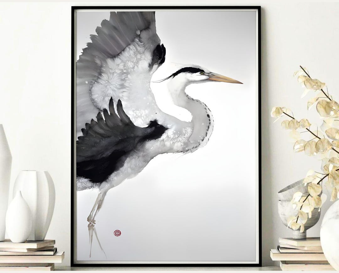Japanese Heron Art Print, Sumi-e Ink Wash, Zen Home Decor - Etsy