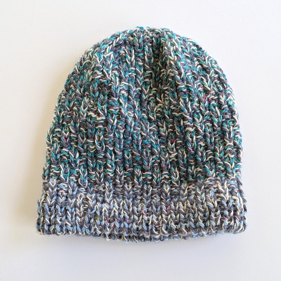 Hand Knit Hat | Teals & Grays | Basket Weave Pattern With Ribbed Brim ...