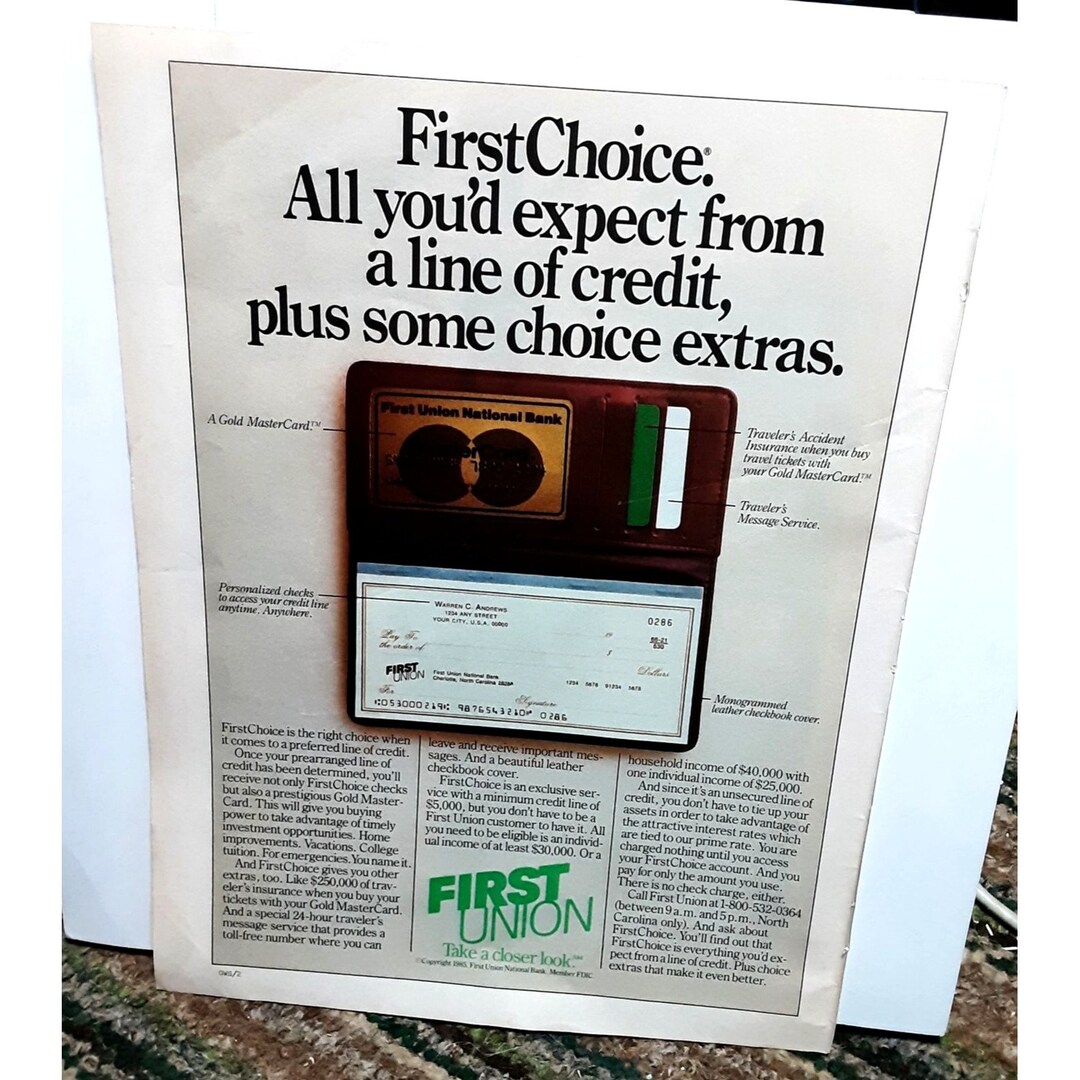 1985 First Union National Bank First Choice Original Print Ad - Etsy