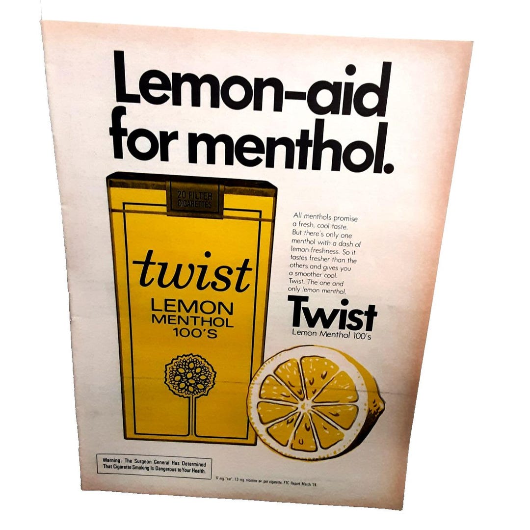 1974 Twist Lemon Menthol Cigarettes Vintage Print Ad - Etsy