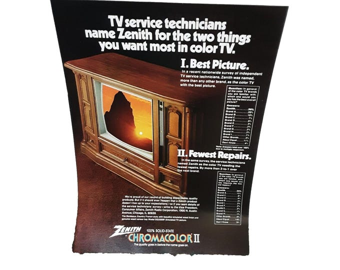 1975 Zenith Chromacolor II Television TV Original Print Ad Vintage 70s ...