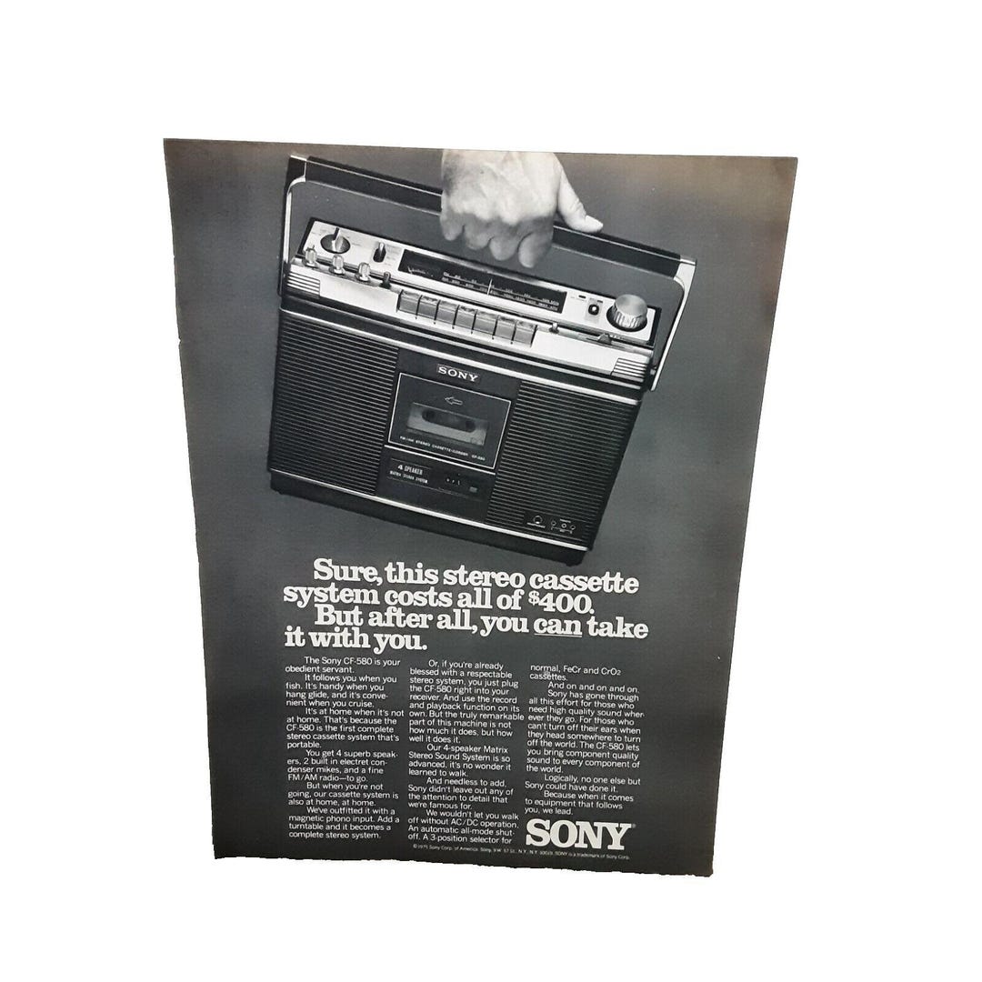 1977 Sony CF580 Stereo Cassette System Vintage Print Ad 70s - Etsy