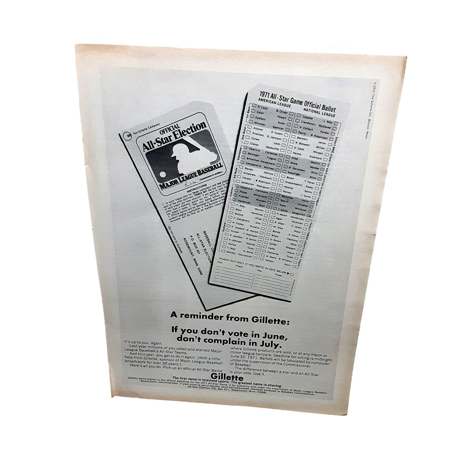 1971 Gillette Baseball All Star Election Ballot Original Print Ad ...