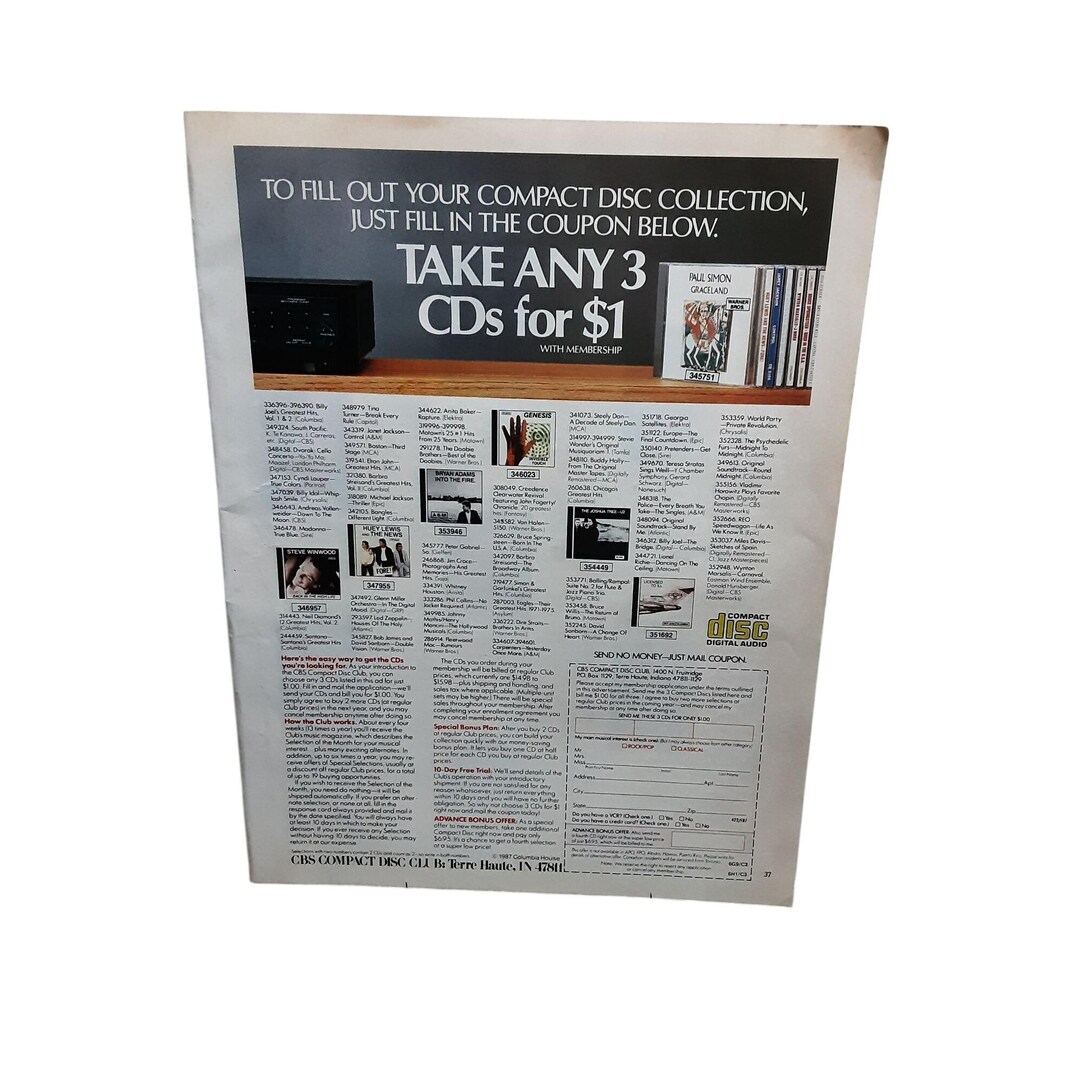 1987 CBS Compact Disc Club Original Print Ad Vintage - Etsy