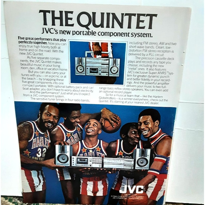 1981 JVC Quintet Boombox Print Ad Harlem Globetrotters Vintage Stereo ...