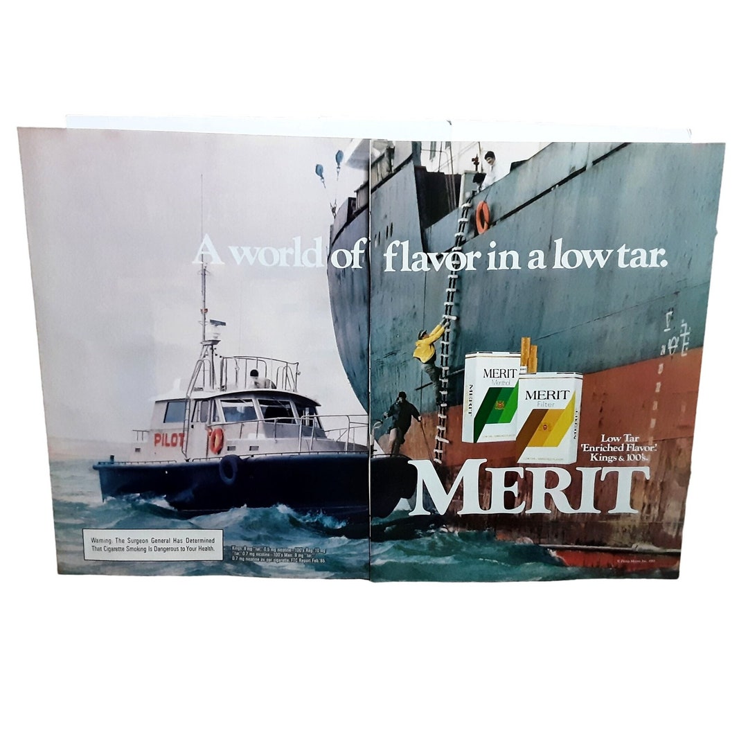 1985 Merit Cigarettes Tugboat and Ship 2 Page Original Print Ad - Etsy