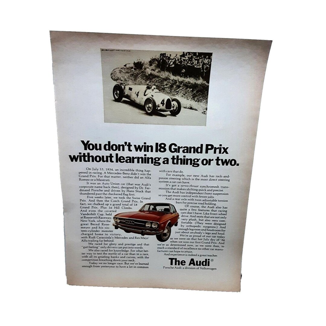 1972 Audi With Grand Prix Winning Car Original Print Ad Vintage 70s - Etsy