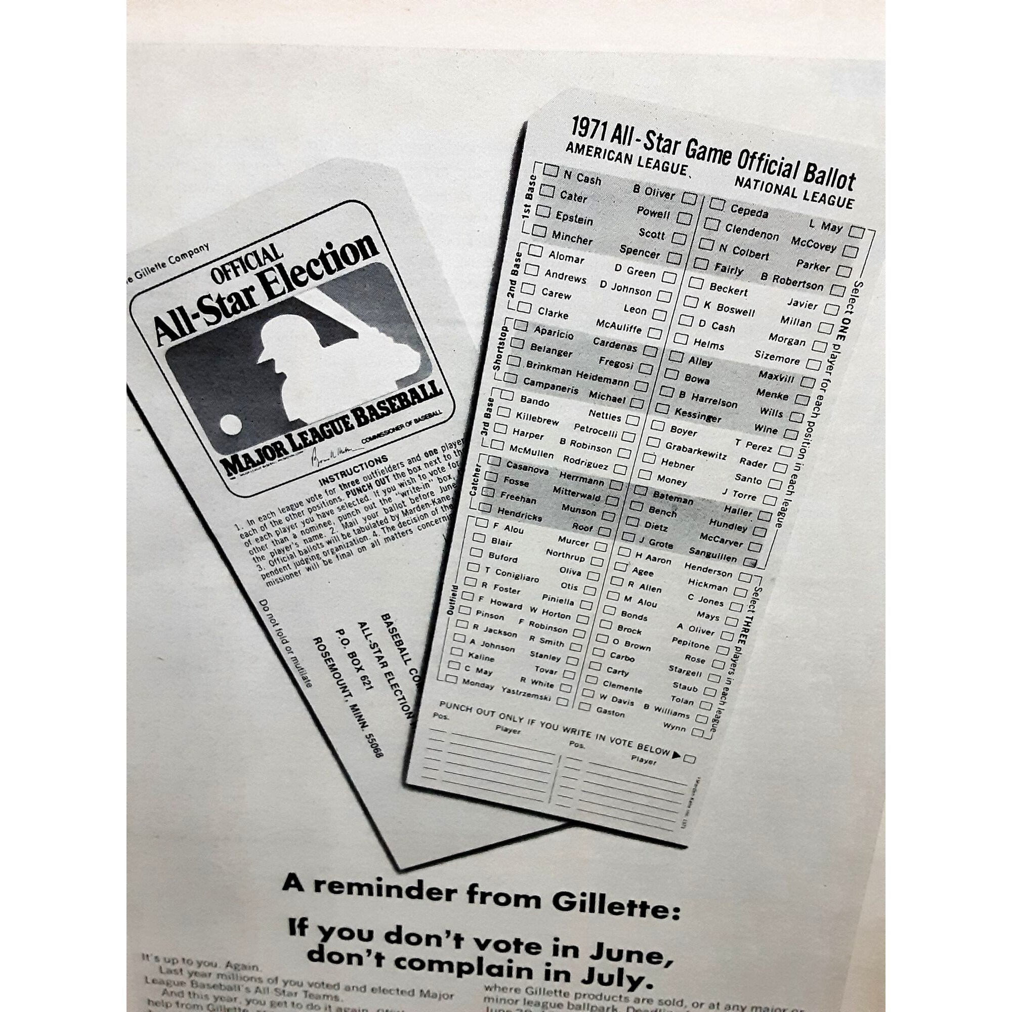 1971 Gillette Baseball All Star Election Ballot Original Print Ad ...
