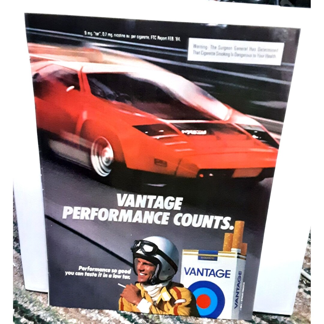 1985 Vantage Cigarettes With Red Vector W2 Race Car Original Print Ad ...
