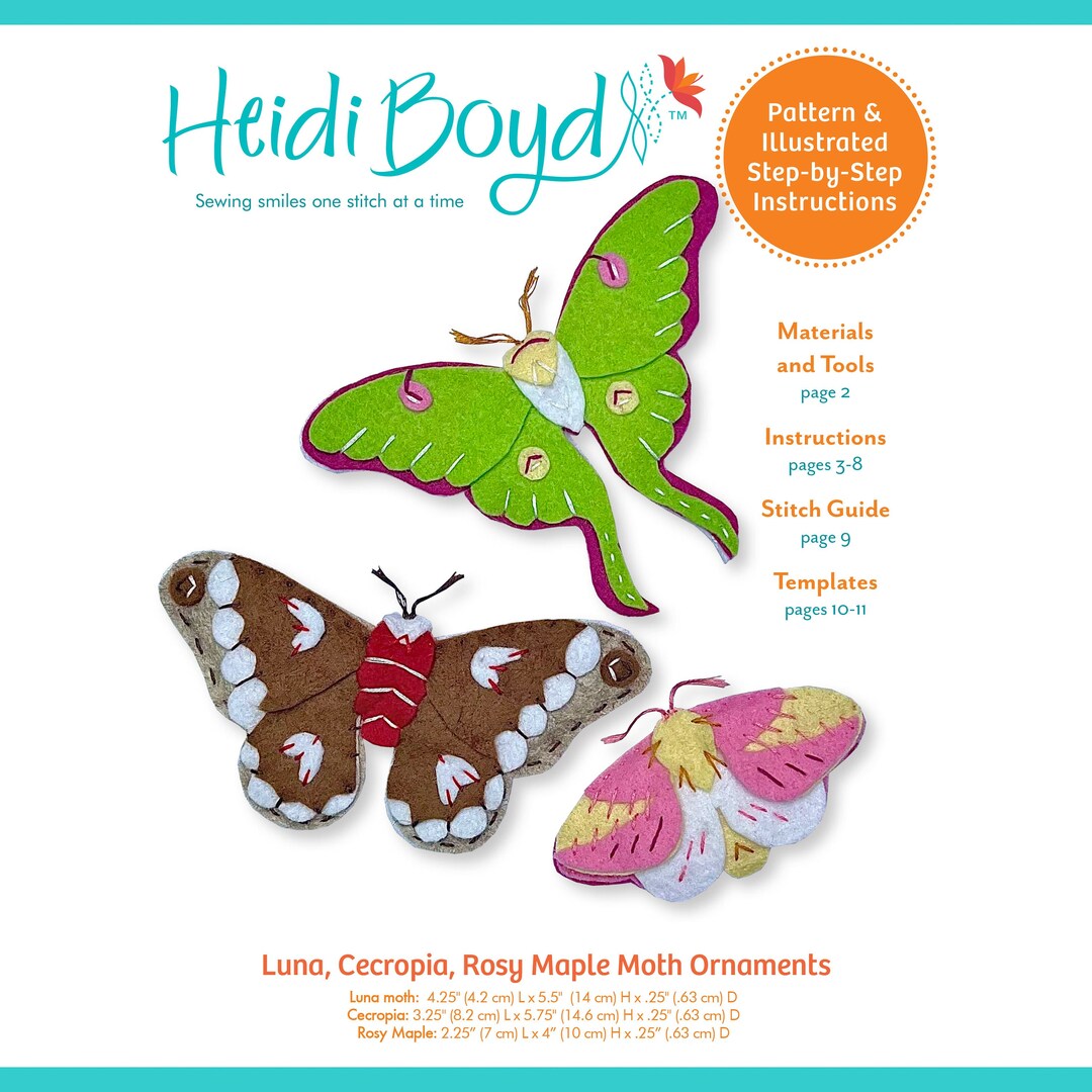 Moth Ornament PDF Pattern, Luna Moth, Cecropia Moth, Rosy Maple Moth ...