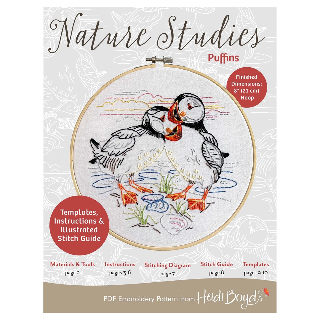 Puffin PDF Embroidery, Nature Studies Embroidery Kit, Atlantic Puffins, Puffin Embroidery ...