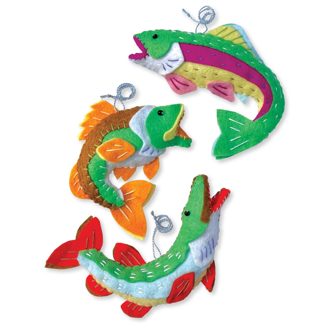 Trout, Bass, Pike, Fish Ornaments, Fish Sewing Kit, Felt Ornament Kit ...