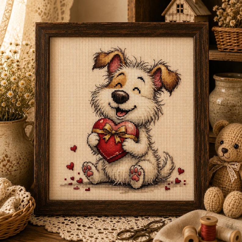 Puppy With Heart Cross Stitch Pattern, Dog Embroidery PDF (instant ...