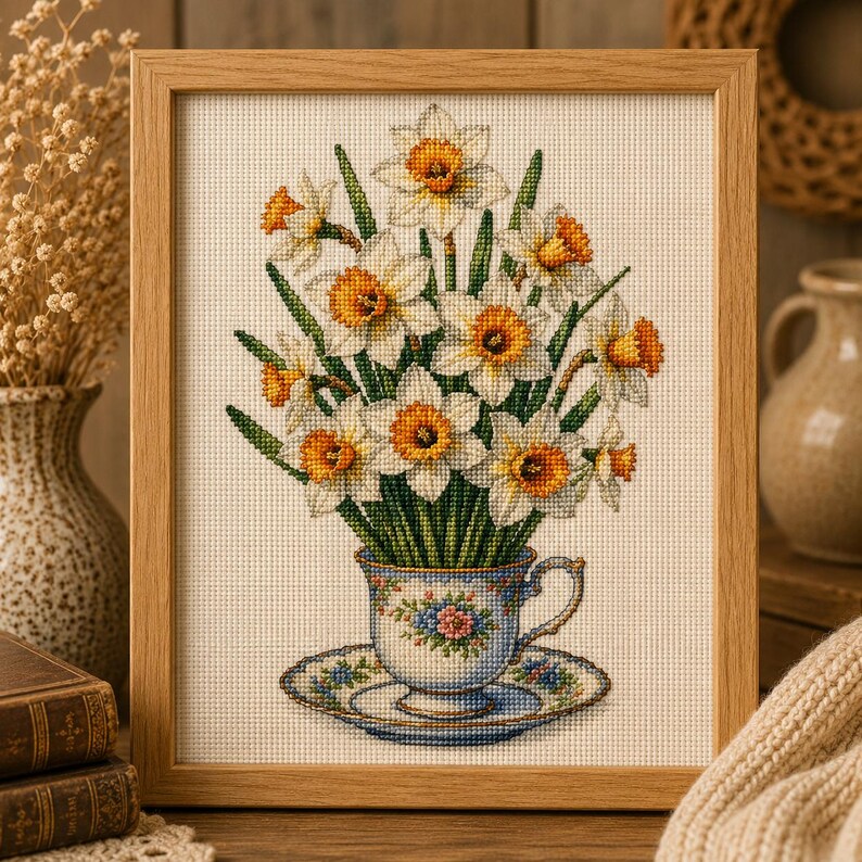 Daffodil Teacup Cross Stitch Pattern, Spring Flowers Embroidery Chart ...