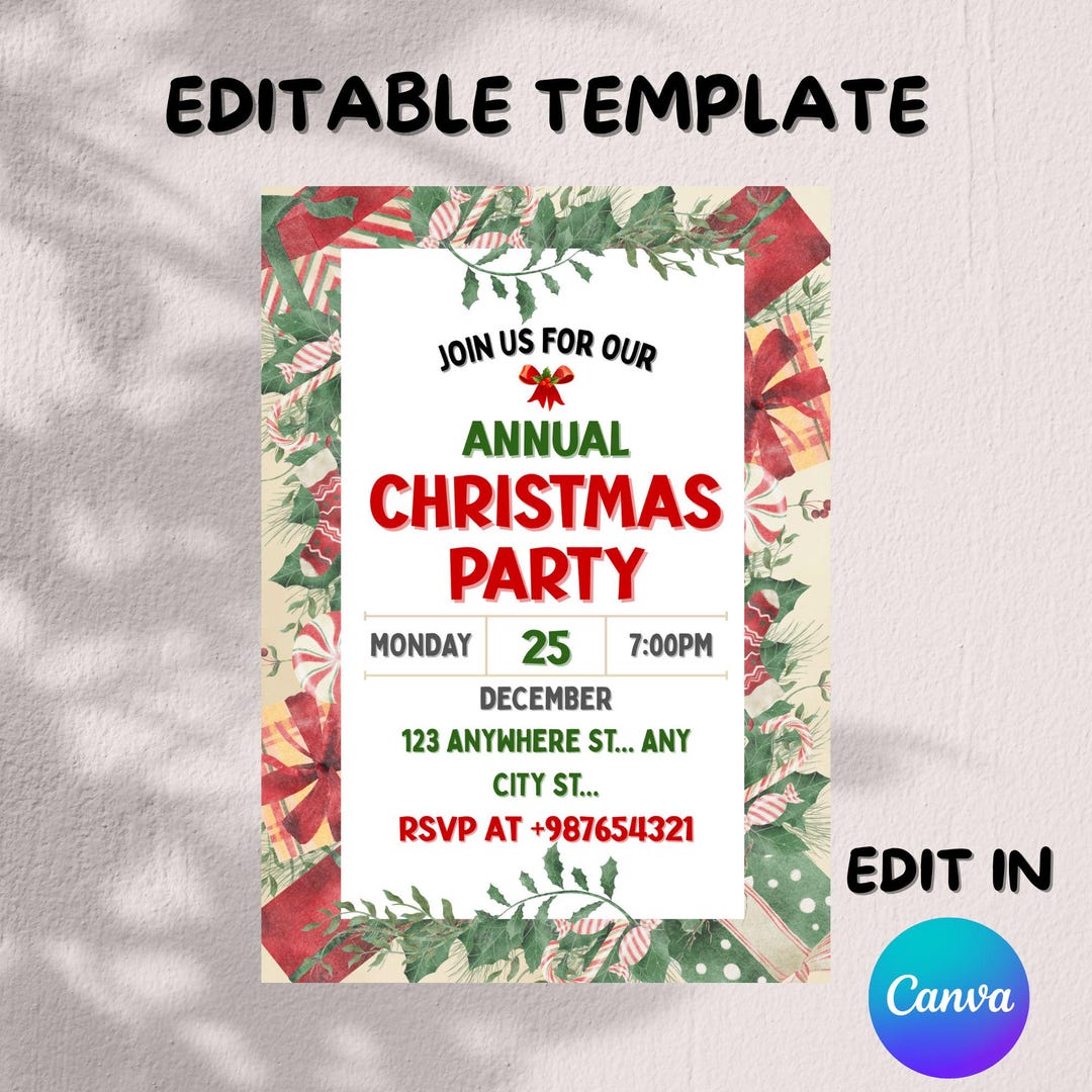 Editable Christmas Party Invitation Template, Editable Canva Design ...