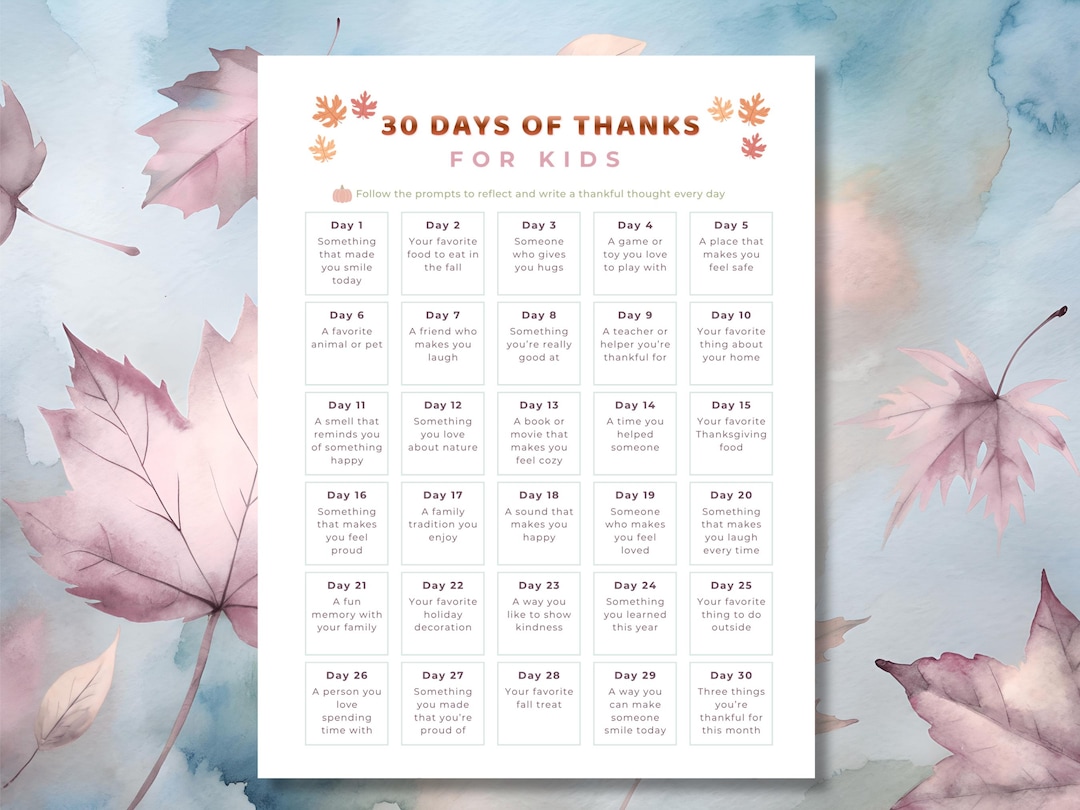 30 Days of Thanks for Kids Printable Gratitude Activity Page for Fall ...