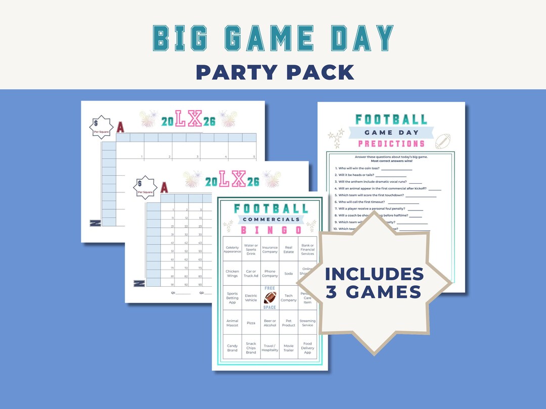 Big Game Day Party Pack Printable | Football Squares 25 & 100 ...