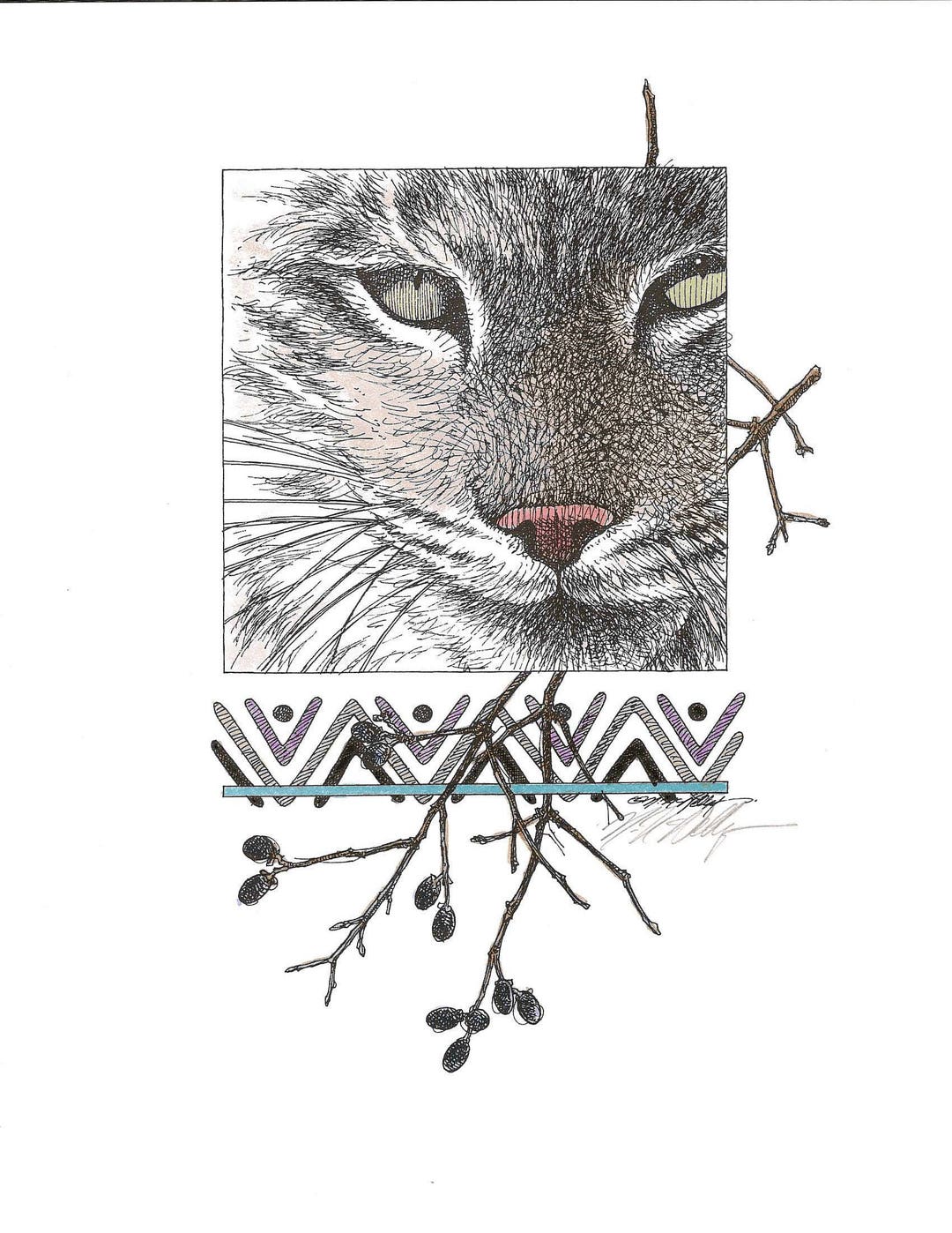 Lynx and Bead Design Hand Tinted With Watercolors Signed Print - Etsy
