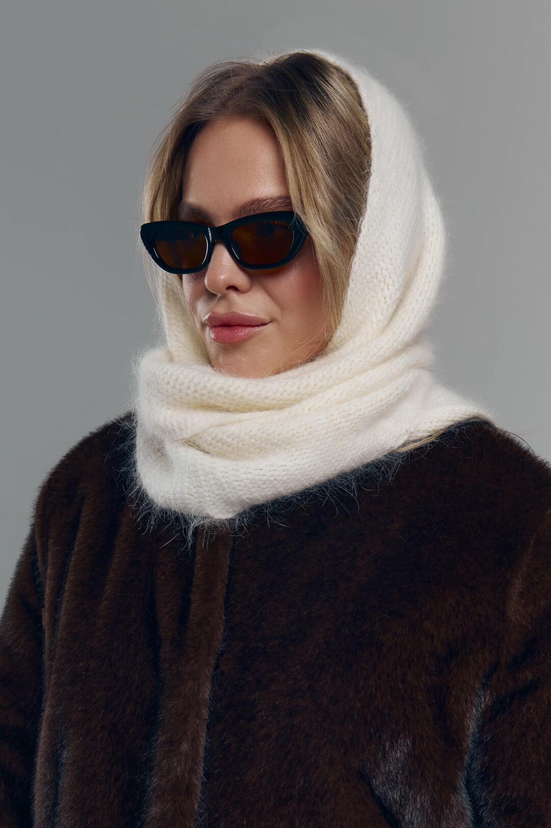 Angora Knit Triangle Scarf for Women, Soft Winter Head Scarf & Shawl ...