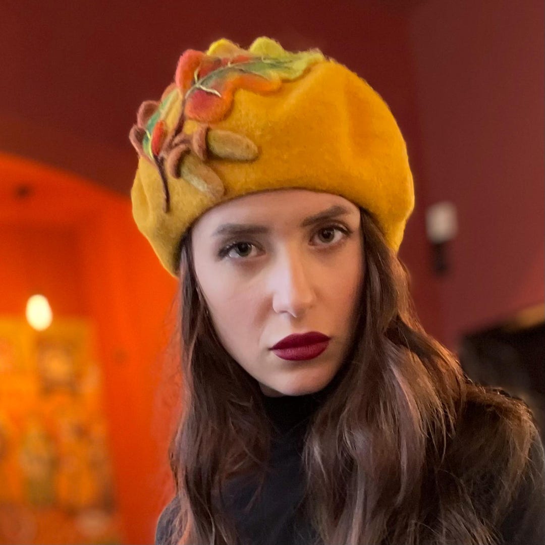 Mustard Wool Beret With Felted Oak Leaves & Acorns – Autumn Art Hat ...