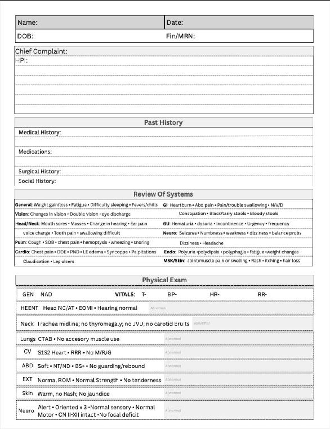 History & Physical Template – Medical Student and Resident Note Sheet ...