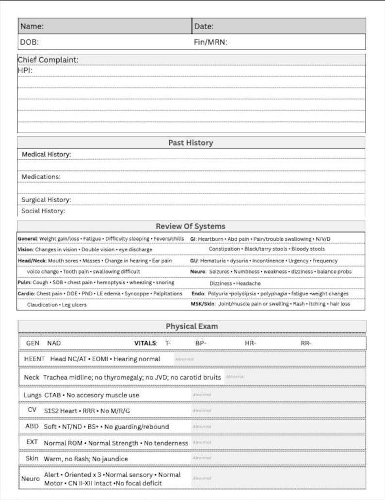 History & Physical Template – Medical Student and Resident Note Sheet ...